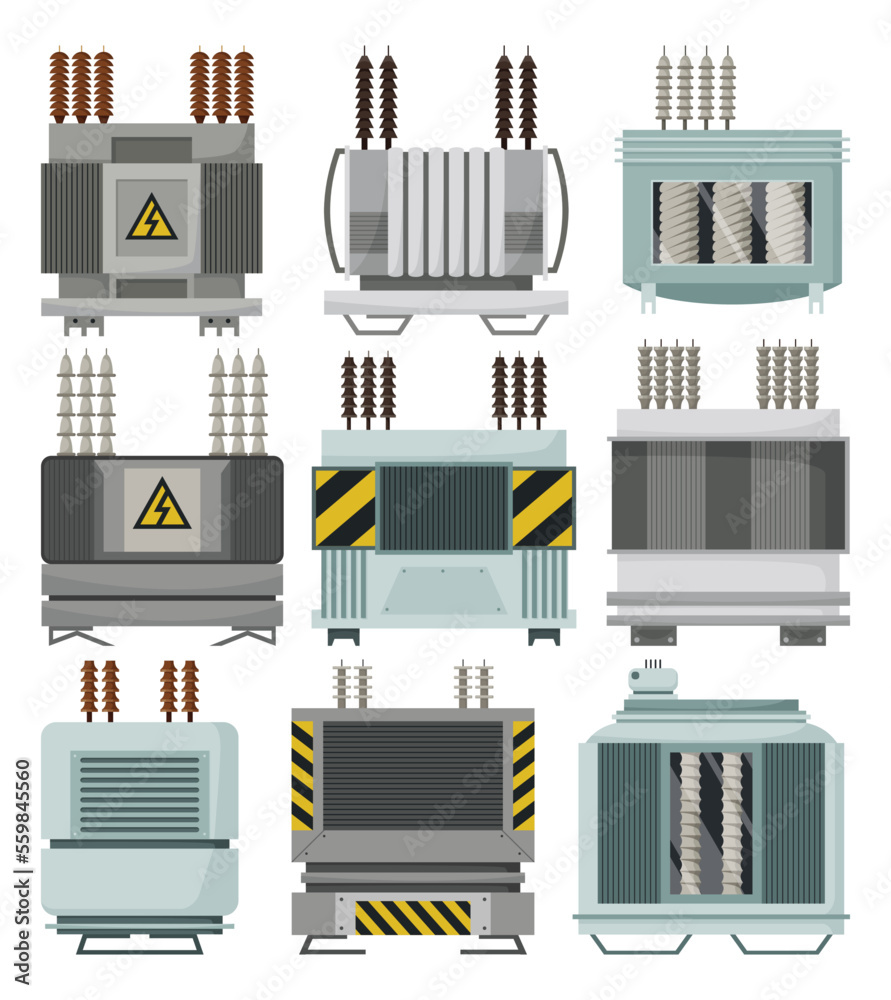 High voltage electrical transformers and isolators. Energy substations ...
