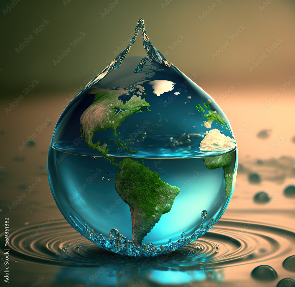 Transparent water drop containing the earth in water, saving water ...