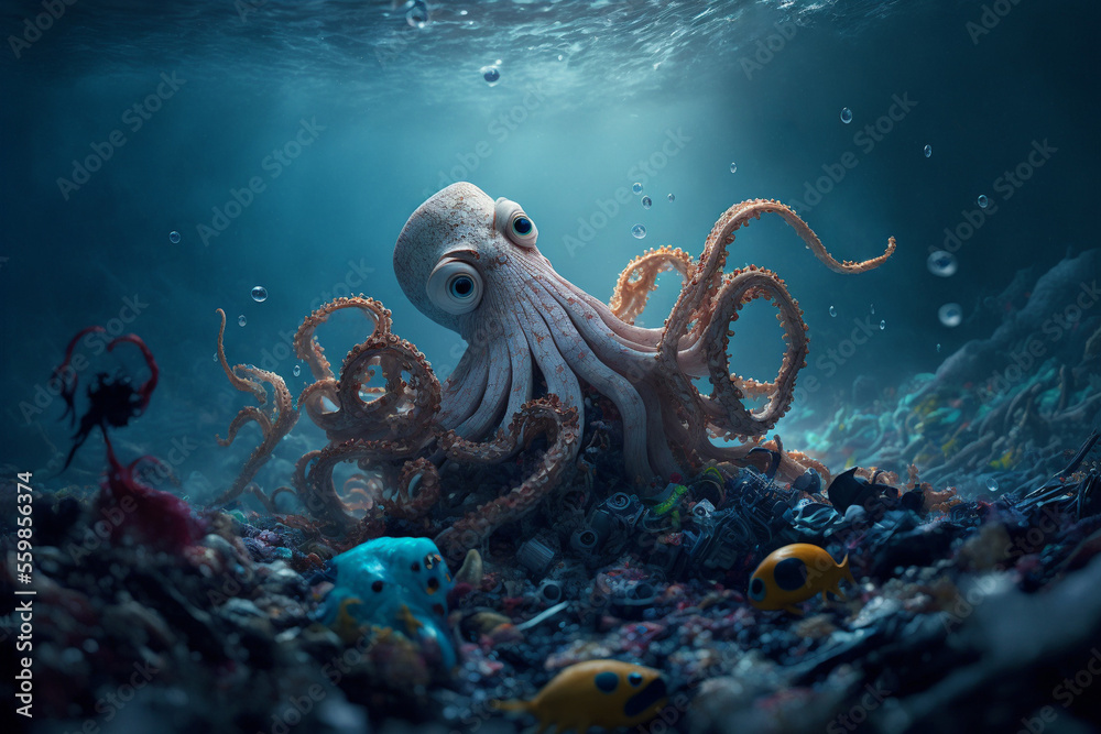 octopus on the ocean floor among garbage and pollution, created by a ...