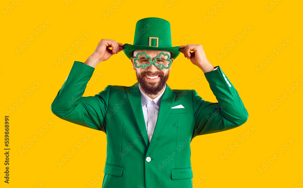Cheerful man going to party on St Patrick's Day. Happy smiling joyful ...