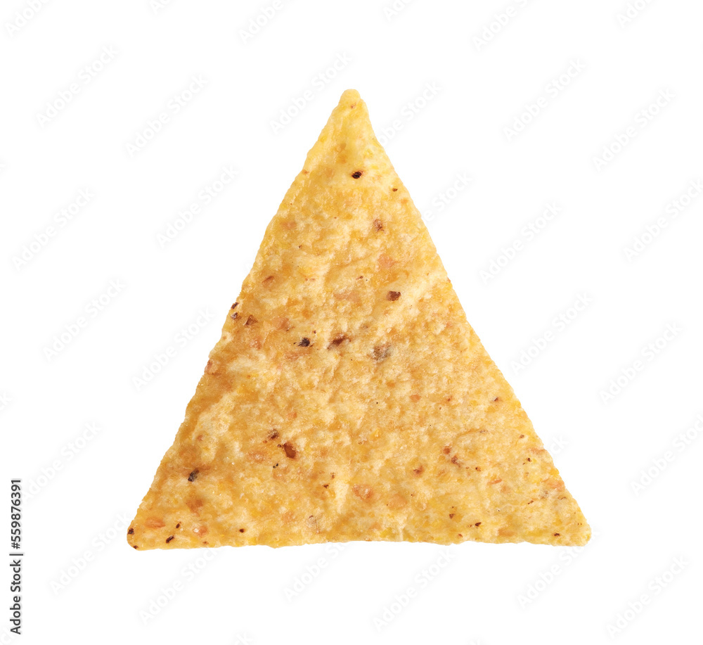 Isolated tortilla chip or nacho chips. Top view of one yellow triangle ...