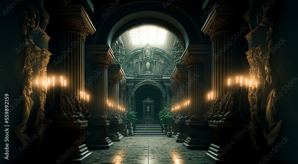 A realistic fantasy interior of the palace. Dark castle interior ...