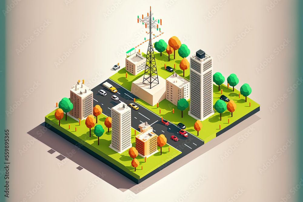 Conceptual template showing city structures surrounded by cell towers ...
