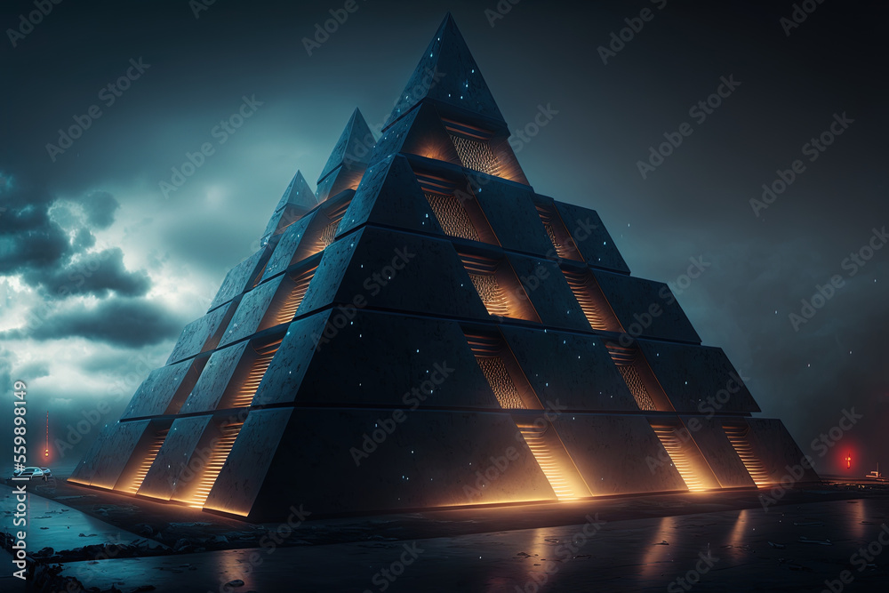 Sci-fi space background with pyramid. Science and technology platform ...