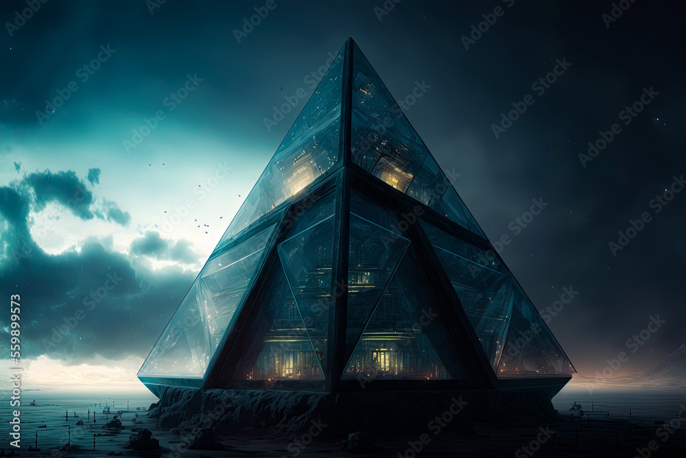 Sci-fi space background with pyramid. Science and technology platform ...
