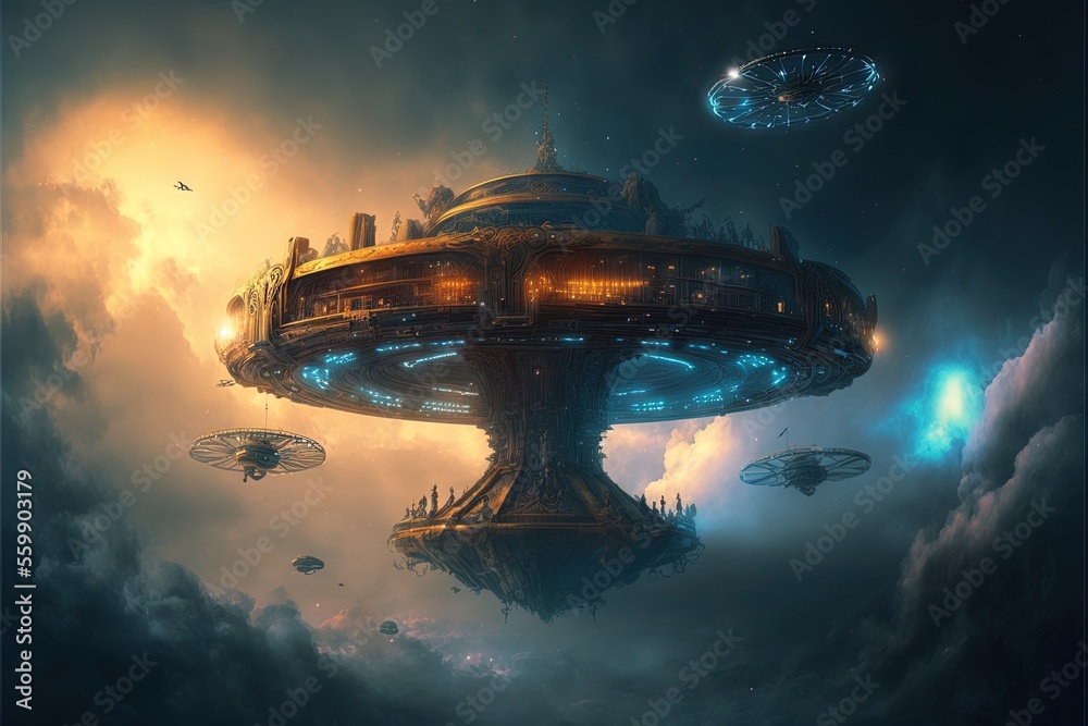 Intergalactic station, disk-shaped space platform. Science and ...