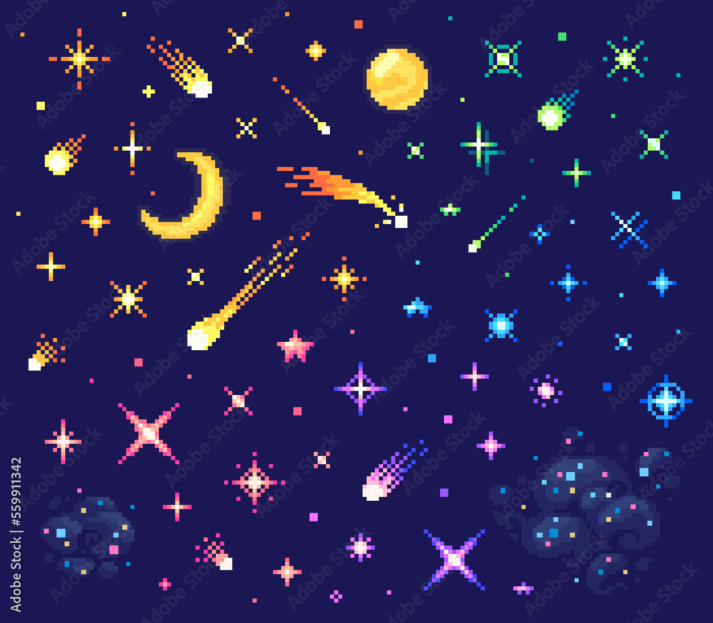 Pixel art set of stars. Starry sky with different shapes and colors of ...