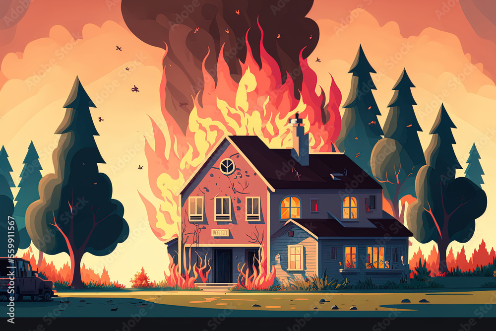 Two storey suburban cottage on fire; flames with long tongues on rural ...