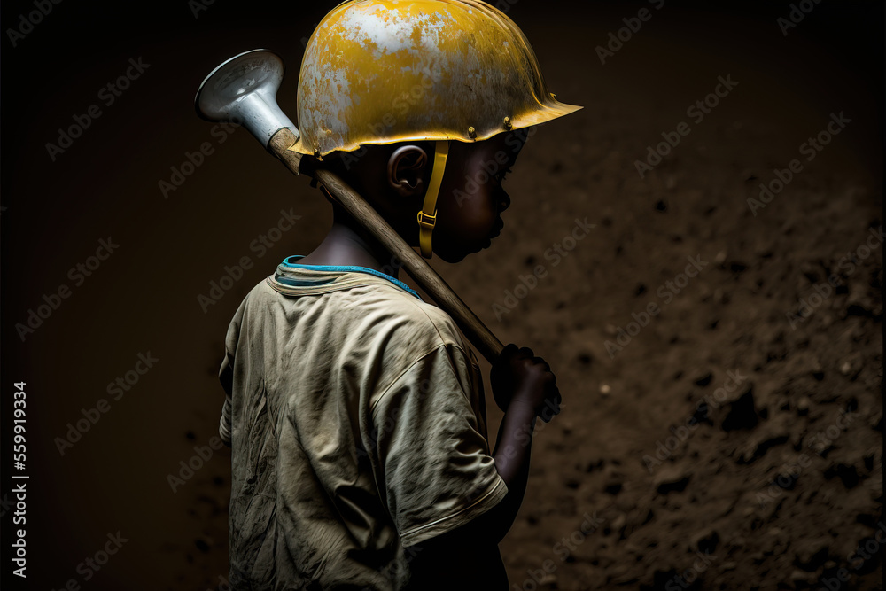 Child labour image of a small African boy digging in a mine, back view ...