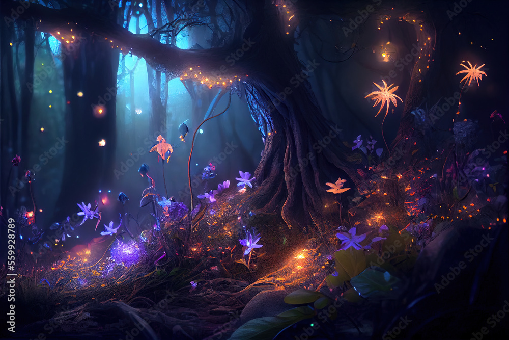Ilustración de Stock Fairy forest at night, fantasy flowers and magical lights, concept of ...
