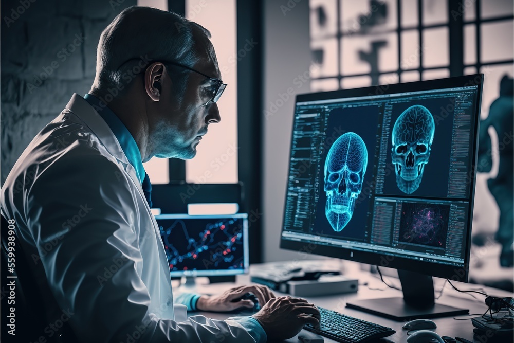 Doctor using a machine learning algorithm to analyse pacient data ...