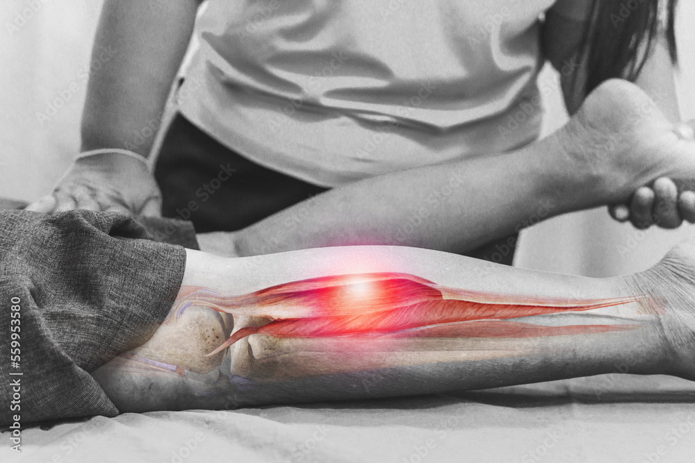 Calf pain treatment, leg stretching, calf muscle cramped, massage and ...