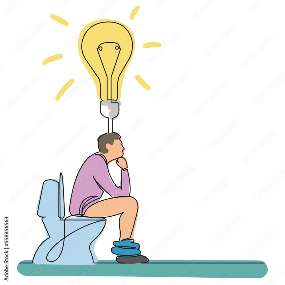 continuous line drawing man sitting on toilet seat with idea colored ...