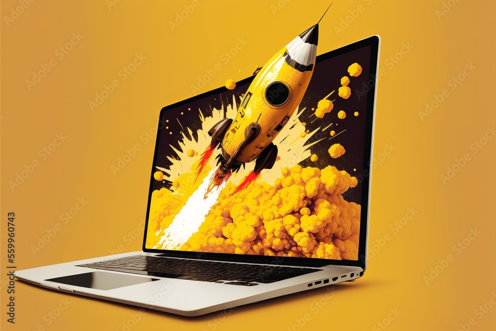 Rocket coming out of laptop screen, orange background. AI digital ...