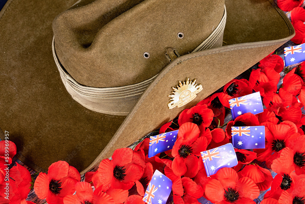 Australian army diggers slouch hat with badge, the Australian flag and ...