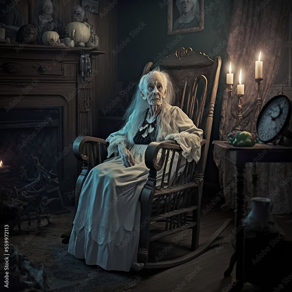 Old Decaying Ghost Woman in a Rocking Chair in a Haunted House. Undead ...