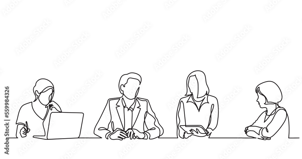 continuous line drawing of office workers team having discussion at ...