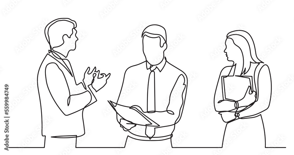 continuous line drawing of standing business people talking - PNG image ...