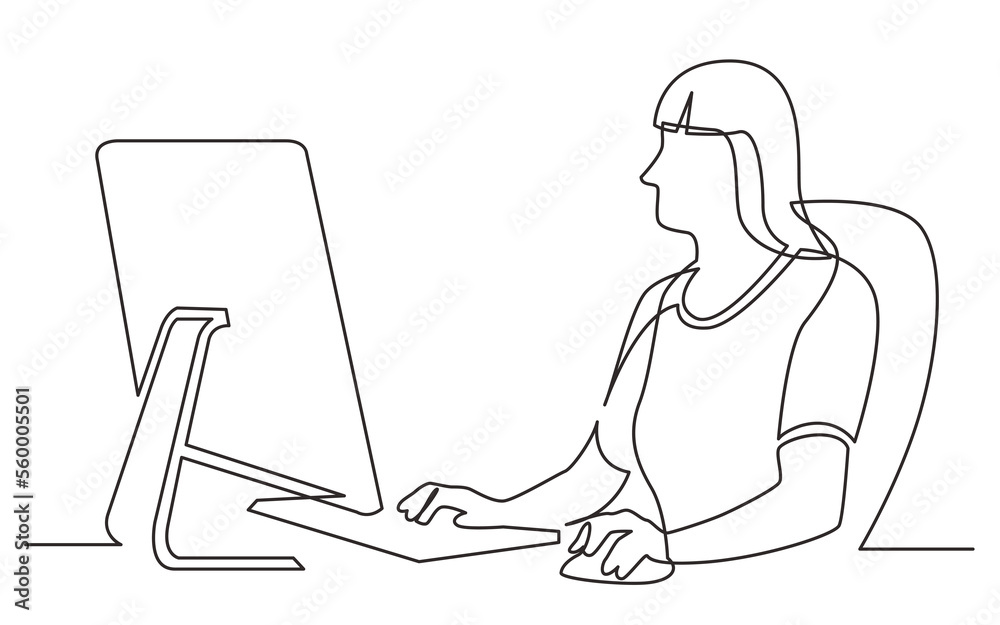 continuous line drawing office worker sitting behind computer display ...