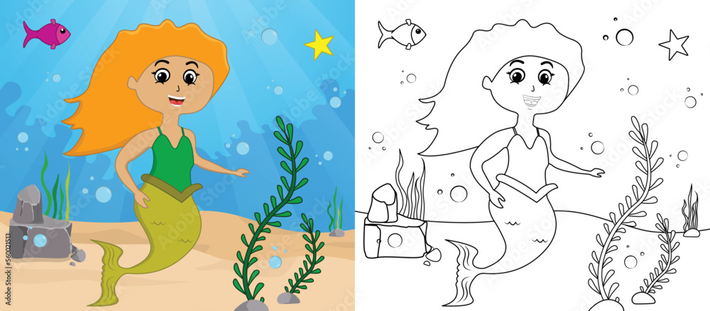 Cartoon mermaid coloring page no: 03 kids activity page with line art ...