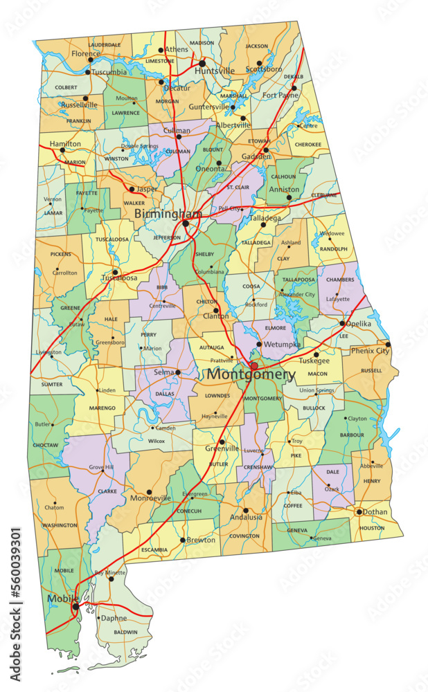 Alabama - Highly detailed editable political map with labeling. Stock ...