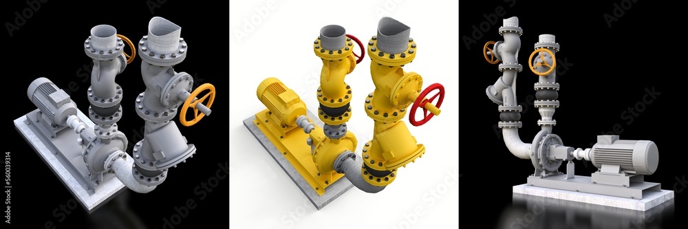 3D model of an industrial pump and pipe section with shut off valves on ...