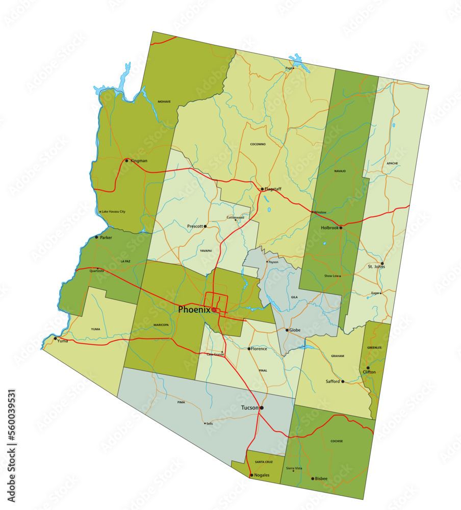 Highly detailed editable political map with separated layers. Arizona ...