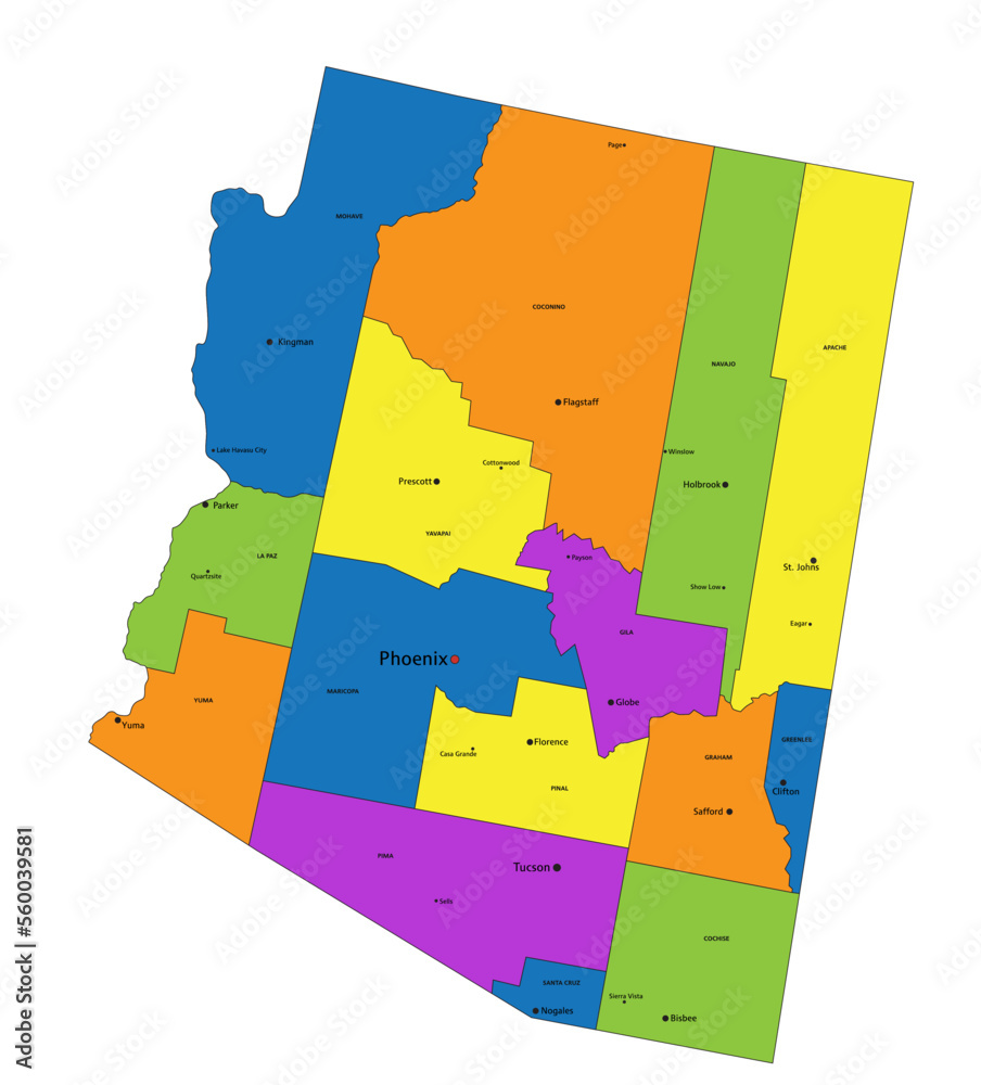 Colorful Arizona political map with clearly labeled, separated layers ...