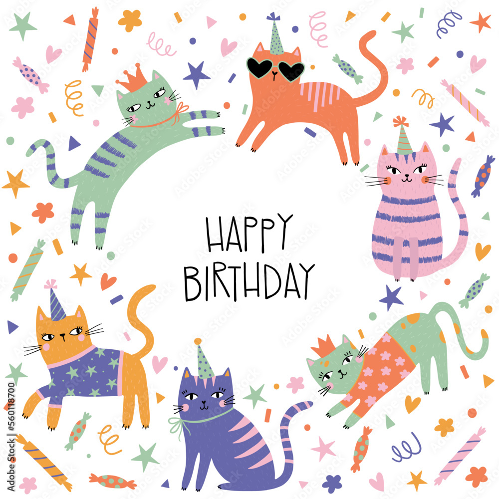 Hand drawn happy birthday card with funny cats with birthday cap and ...