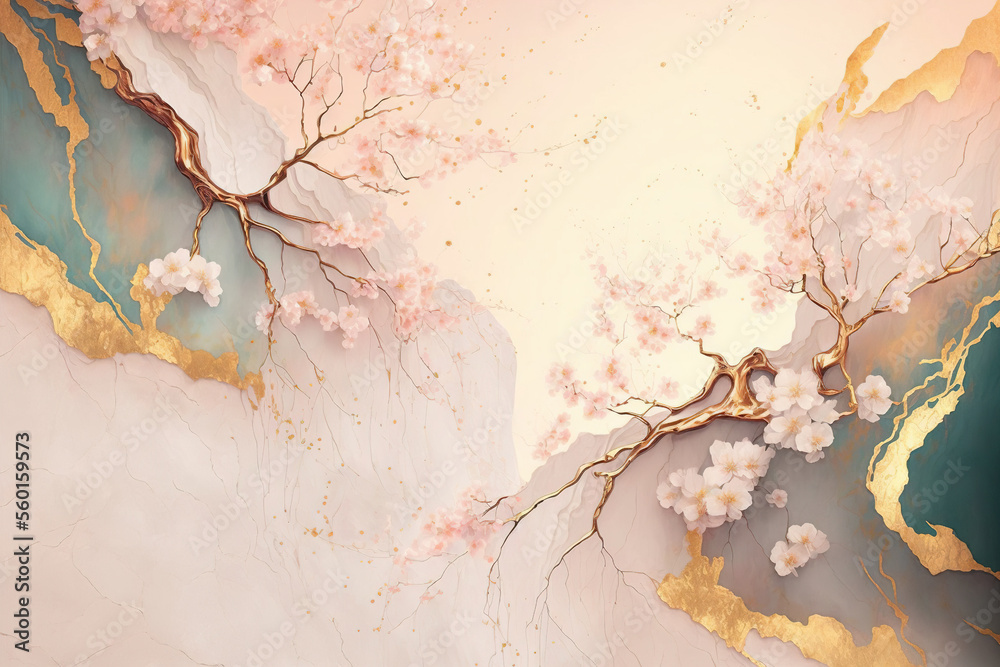 Abstract sakura, design for prints, postcards or wallpaper with golden ...