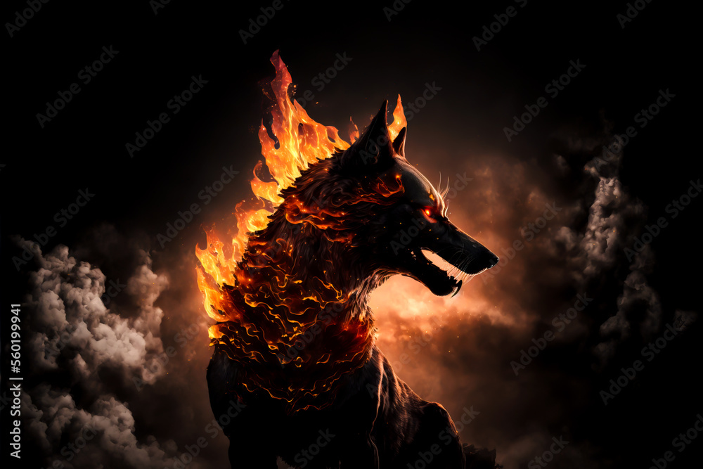 Mystical scandinavian beast wolf Fenrir destroying modern city. Fenrir ...