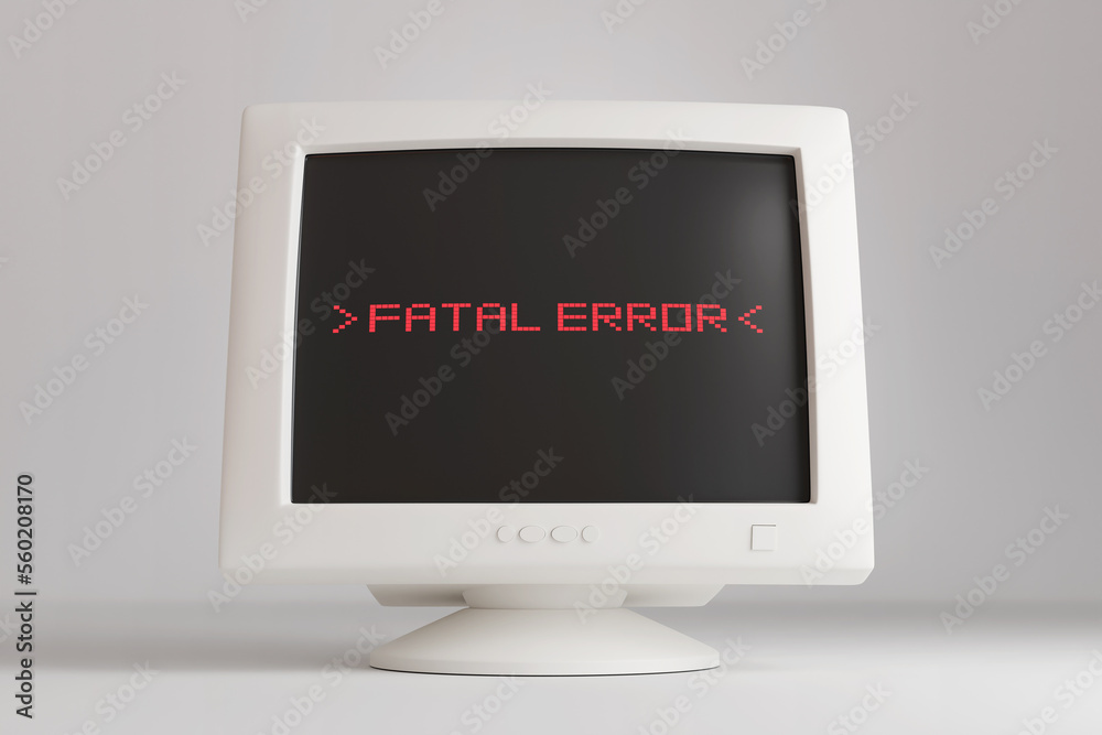 Retro CRT monitor showing pixelated text FATAL ERROR. Illustration of ...