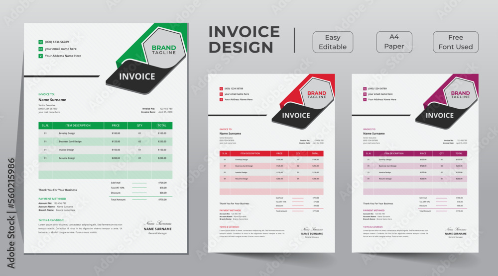 Business invoice template design with price receipt, payment agreement ...