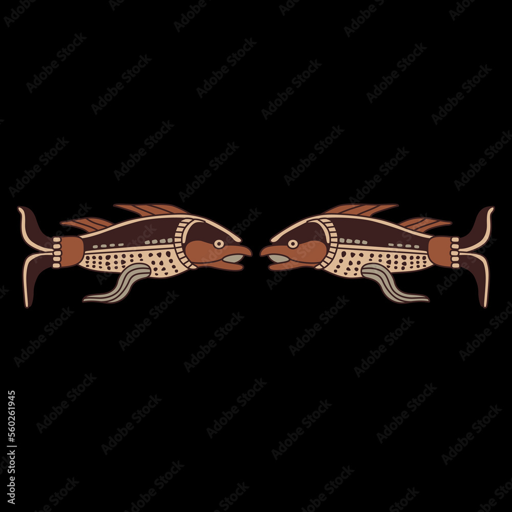 Symmetrical animal design or border with two fish. Native American art ...
