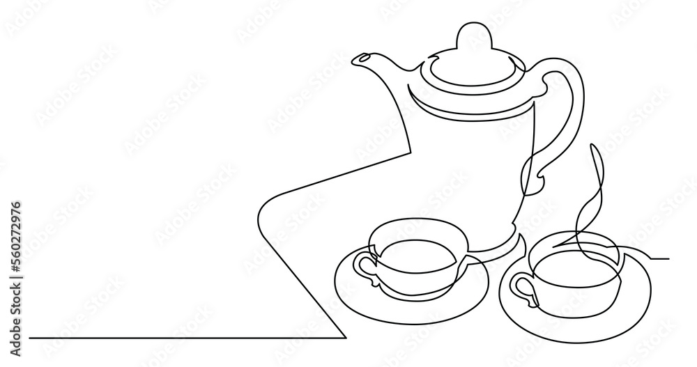continuous line drawing of tea pot and tea cups on tray - PNG image ...