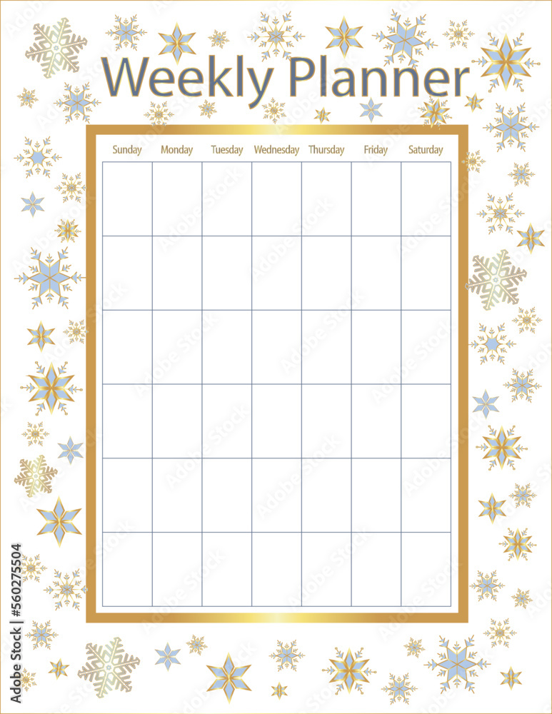 Weekly Planner for a Month with Gold and Pale Blue Snowflake Design ...