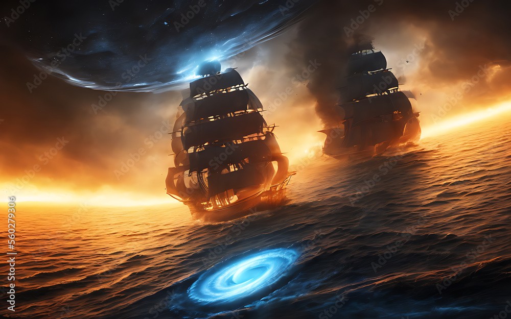 Generative AI Illustration Series of Pirate Ship approaching time ...