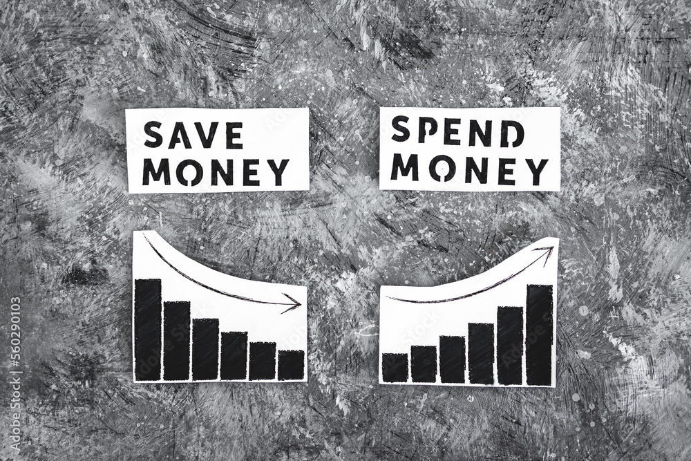 save money vs spend money texs side by side with graphs showing wealth ...