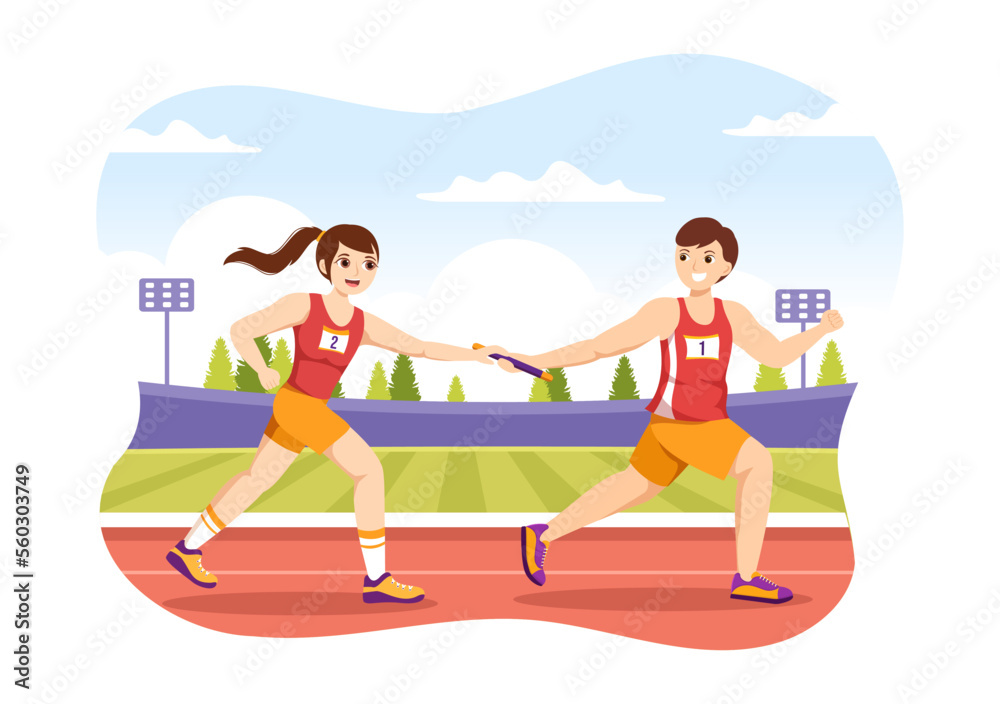 Relay Race Illustration by Passing the Baton to Teammates Until ...