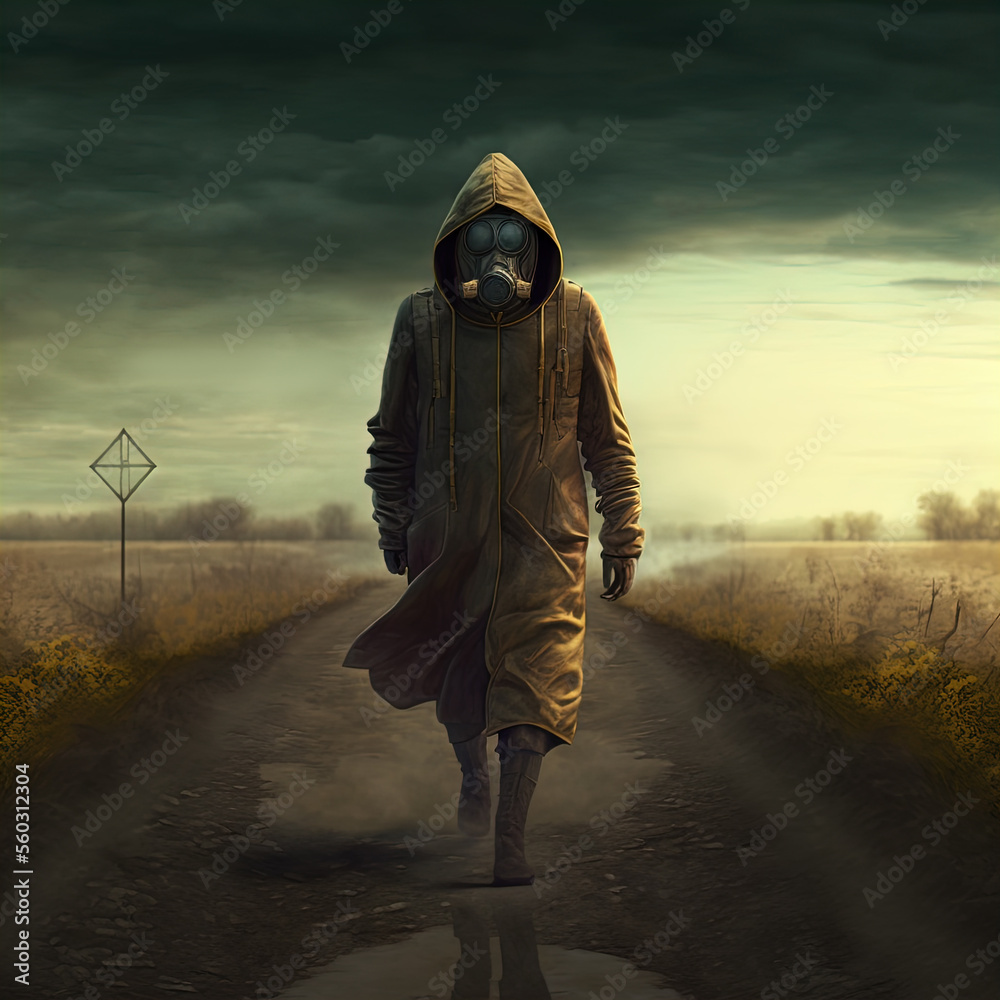 Stalker walking on a country road. Realistic digital illustration ...