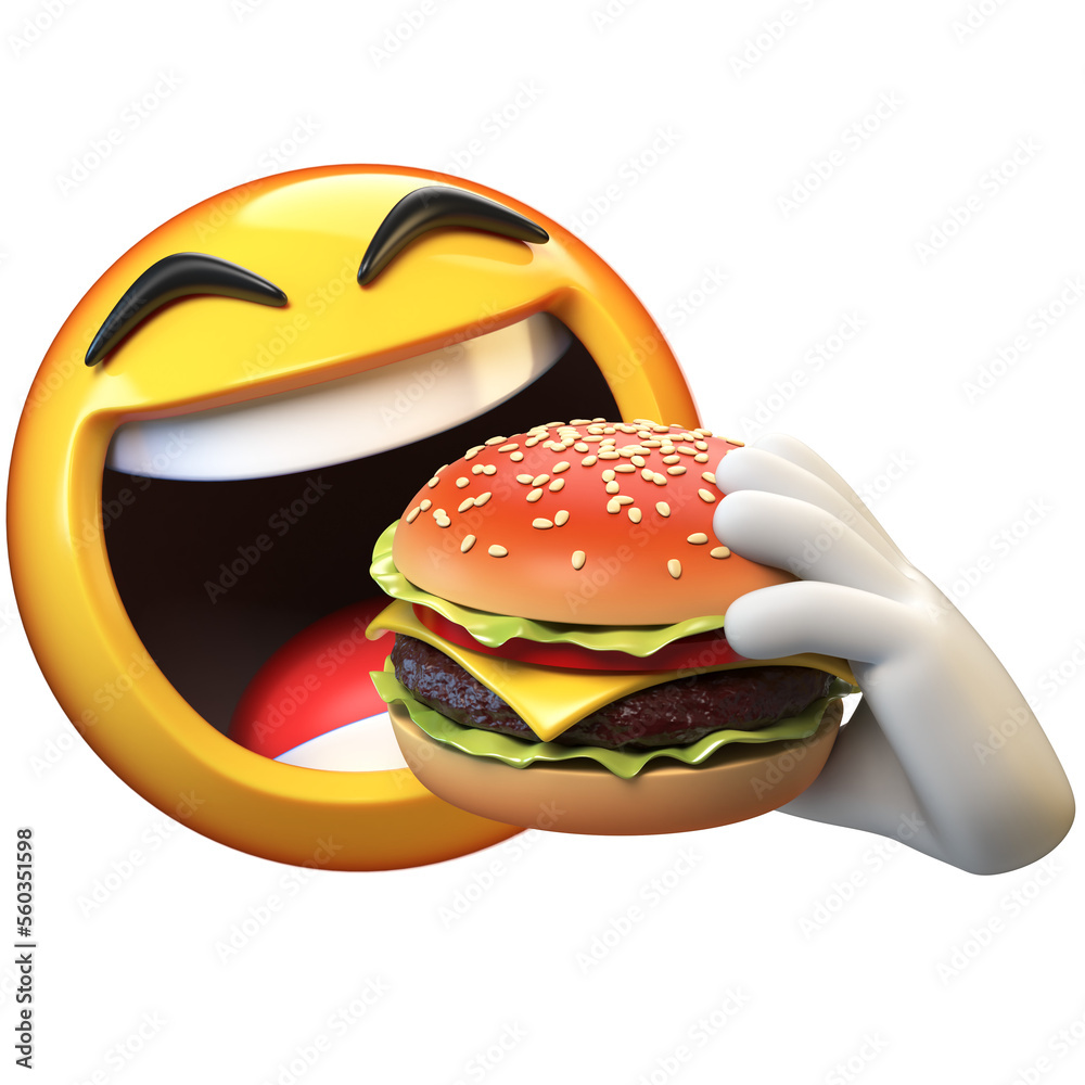Emoji eating burger isolated on white background, hungry emoticon 3d ...
