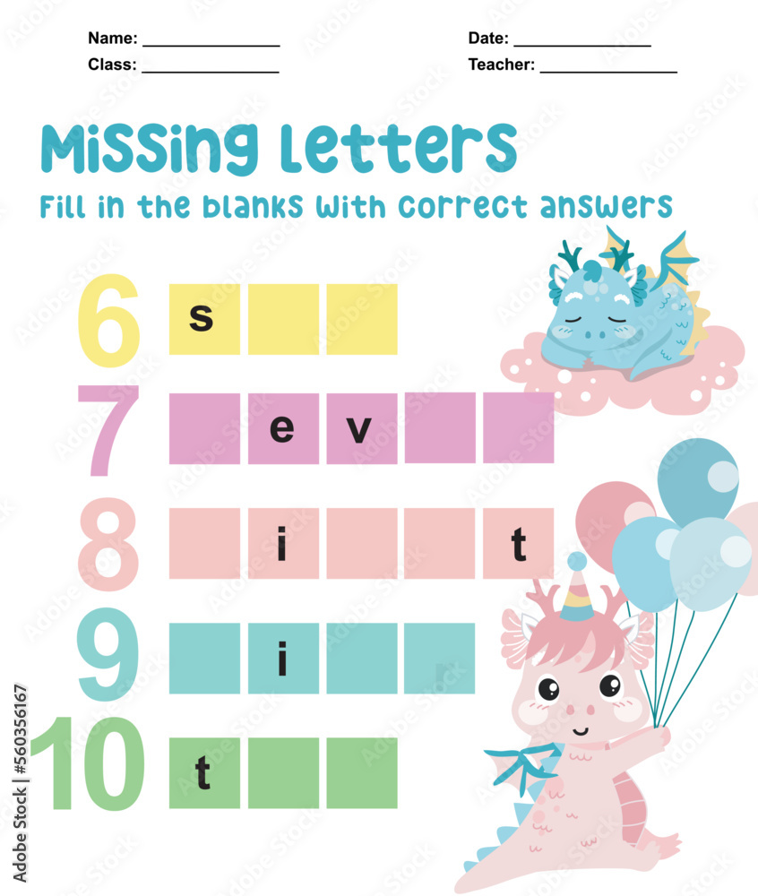 Missing letters worksheet. Complete the letters for number in English ...