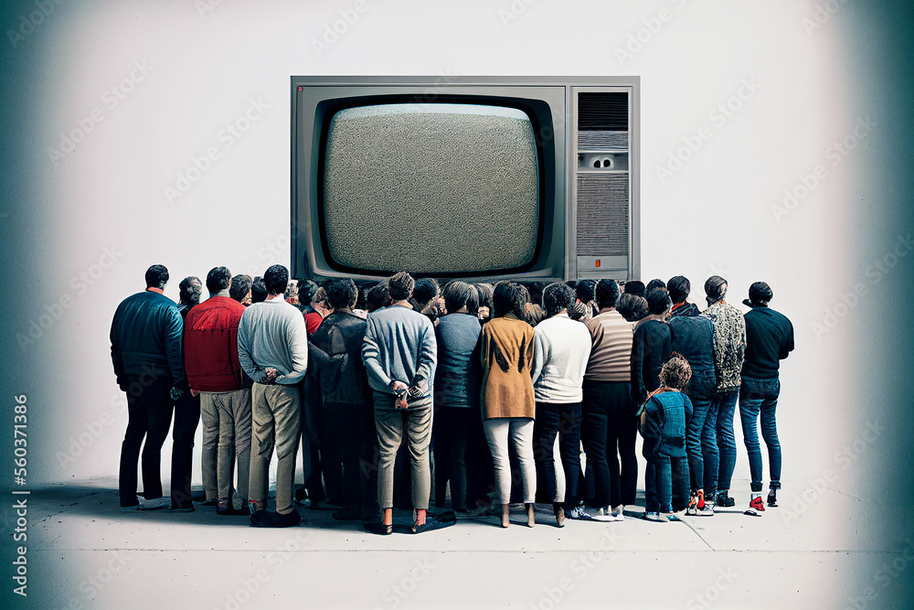 People crowd watching TV on dark background. TV addiction, propaganda ...