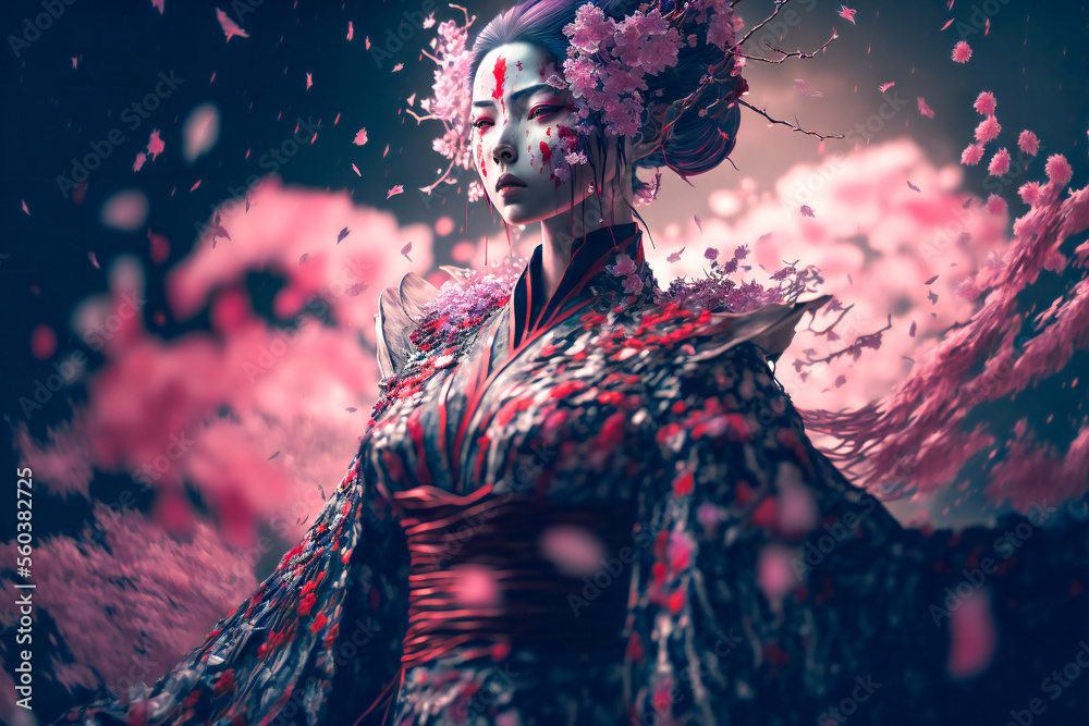 Ilustração Geisha in an intricate kimono, sakura garden background ...