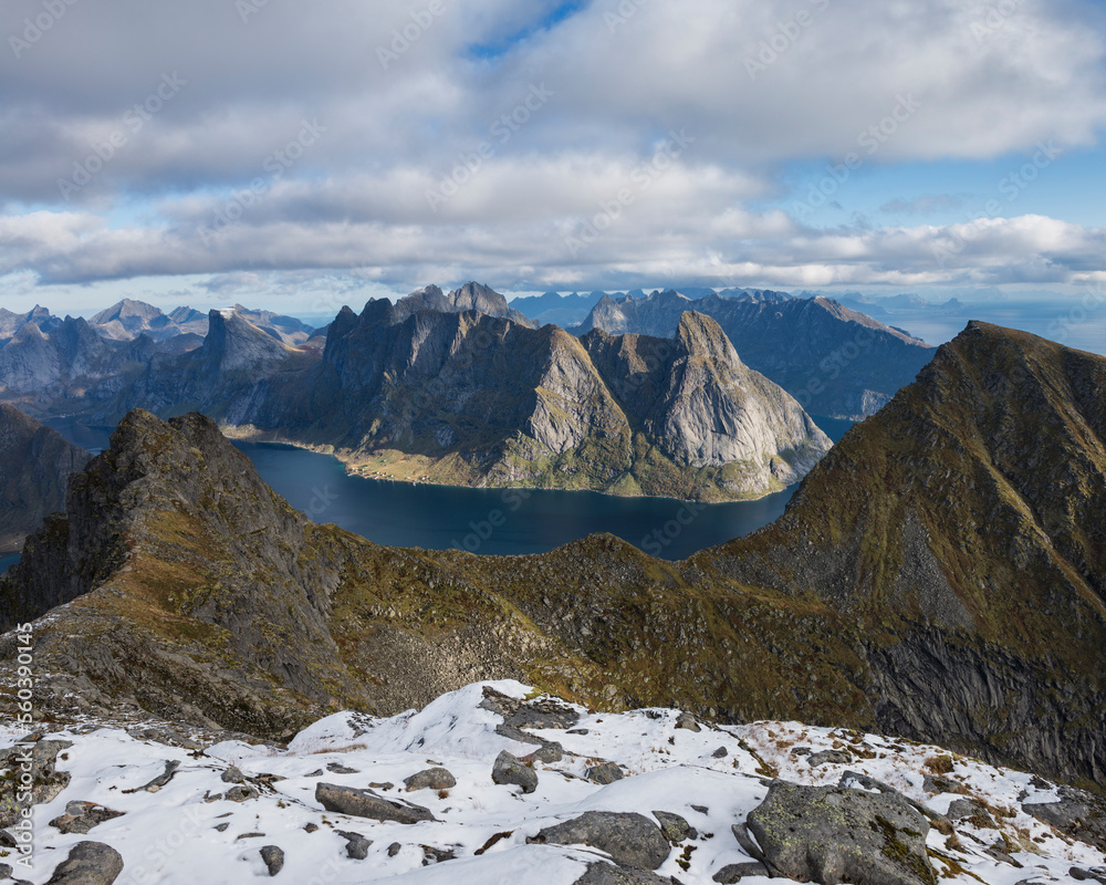 View across mountains and fjords from the summit of Munken, MoskenesÃ¸y ...