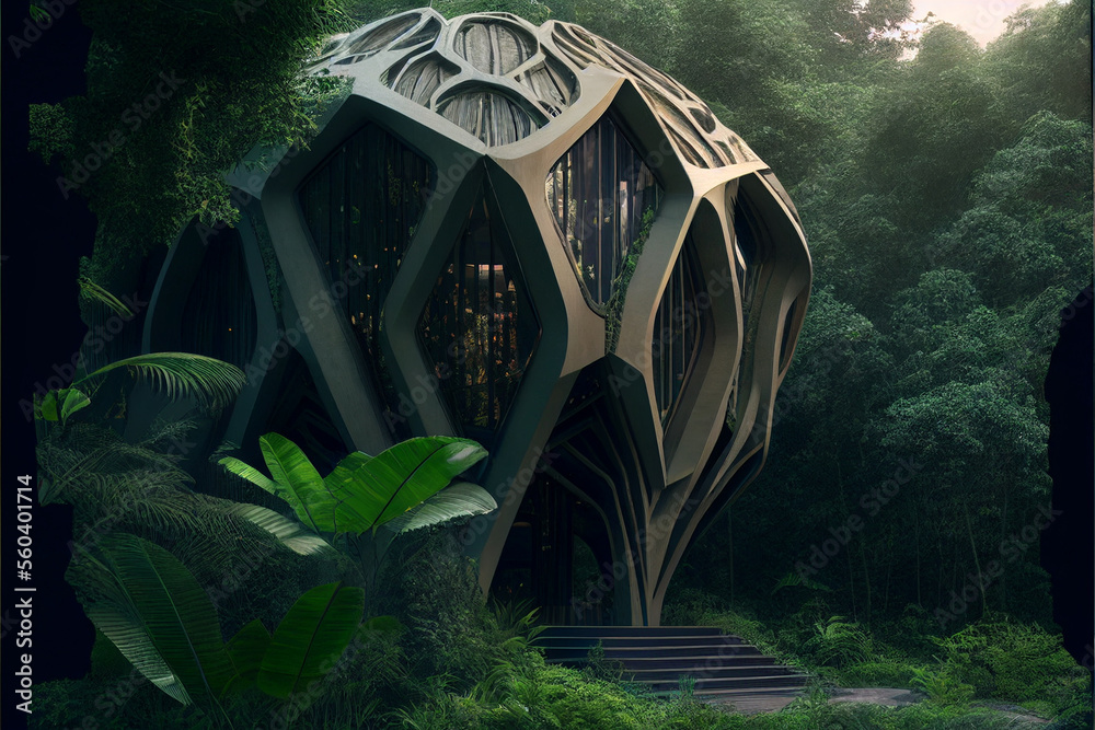 Eco green architecture solarpunk futuristic building in forest ai ...