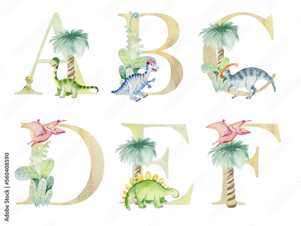 Watercolor dinosaurs letters for invitation card, nursery poster and ...