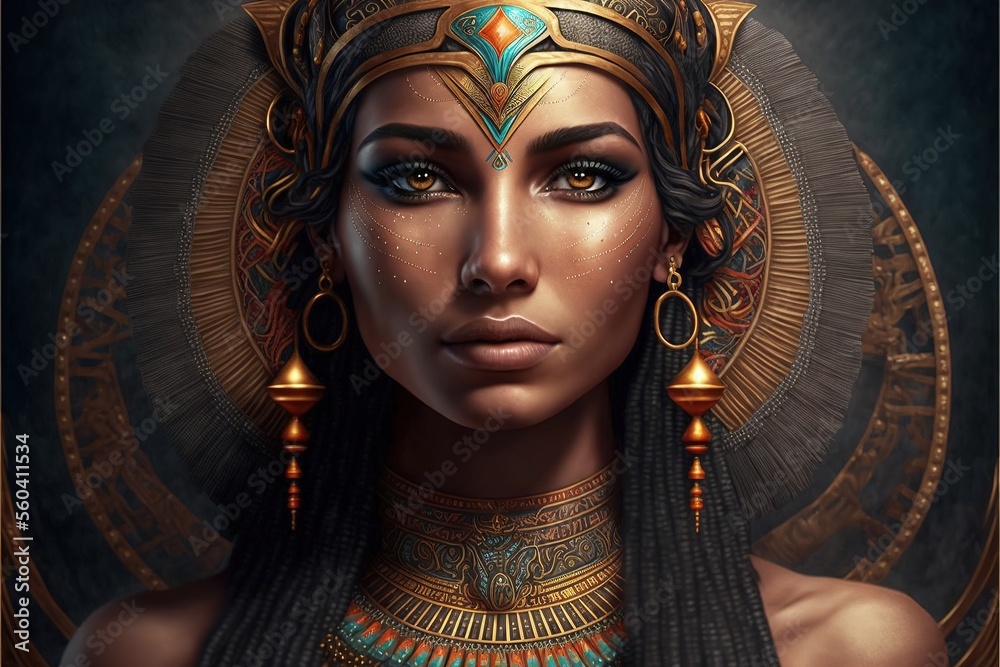 Portrait of an ancient Egyptian goddess. Beautiful young girl with the ...
