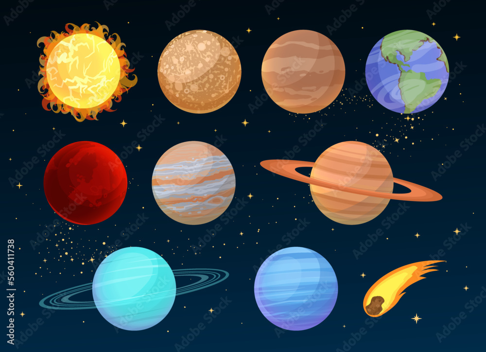 เวกเตอร์ Stock Cartoon Solar System planets collection, set. Sun ...