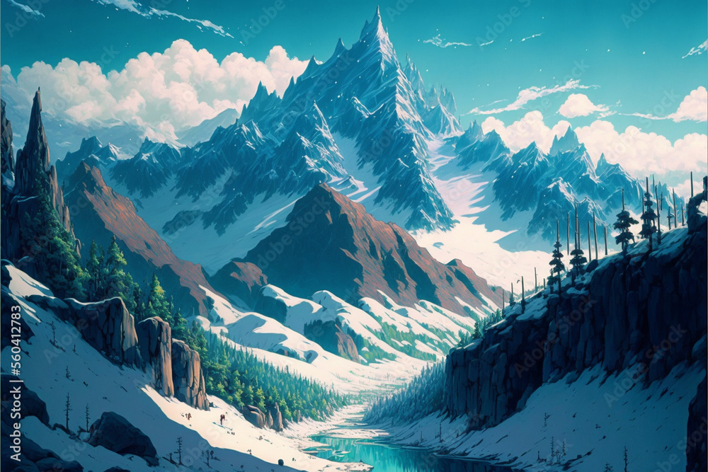 River and a great snow-covered mountain. Superb anime-styled and DnD ...